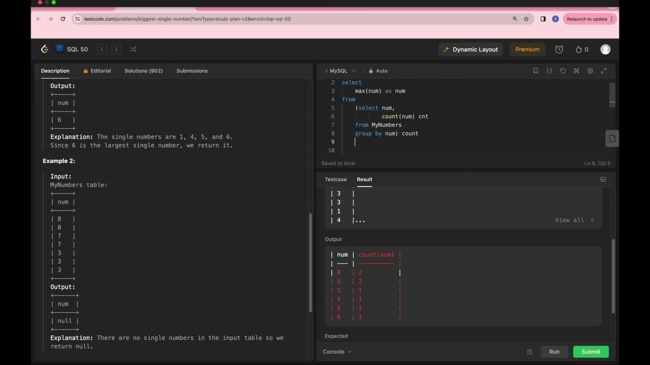 Leetcode Sql 50 619 Biggest Single Number Solution Youtube