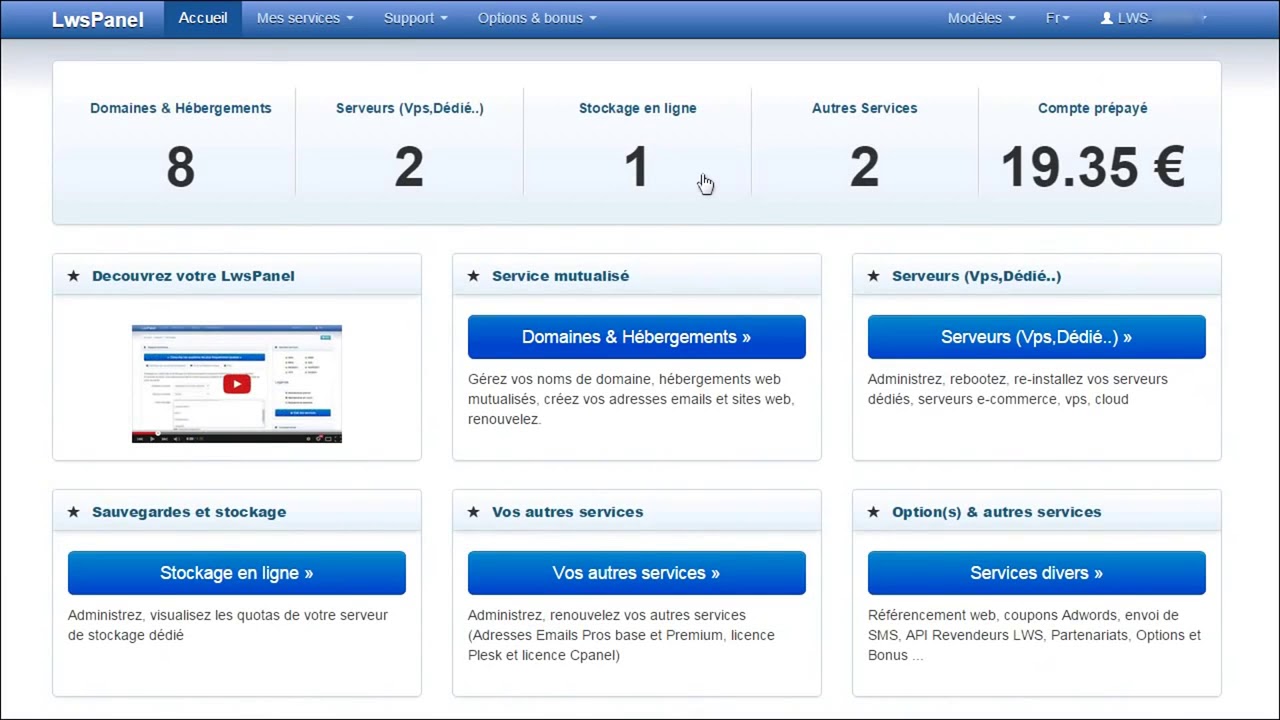 Espace d'administration LWS Panel ; Gestion Noms de domaine ...
