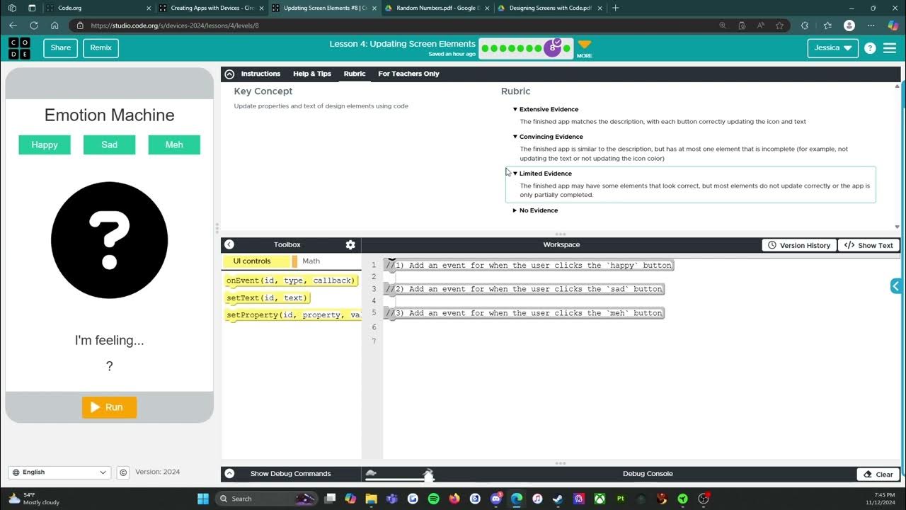 Code.org -Creating Apps with Devices - Circuit Playground:Lesson 4: Updating Screen Elements ...