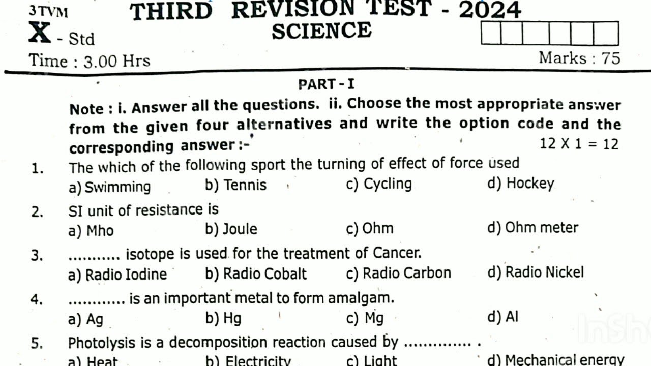 10th science third revision exam original question paper 2024 - YouTube