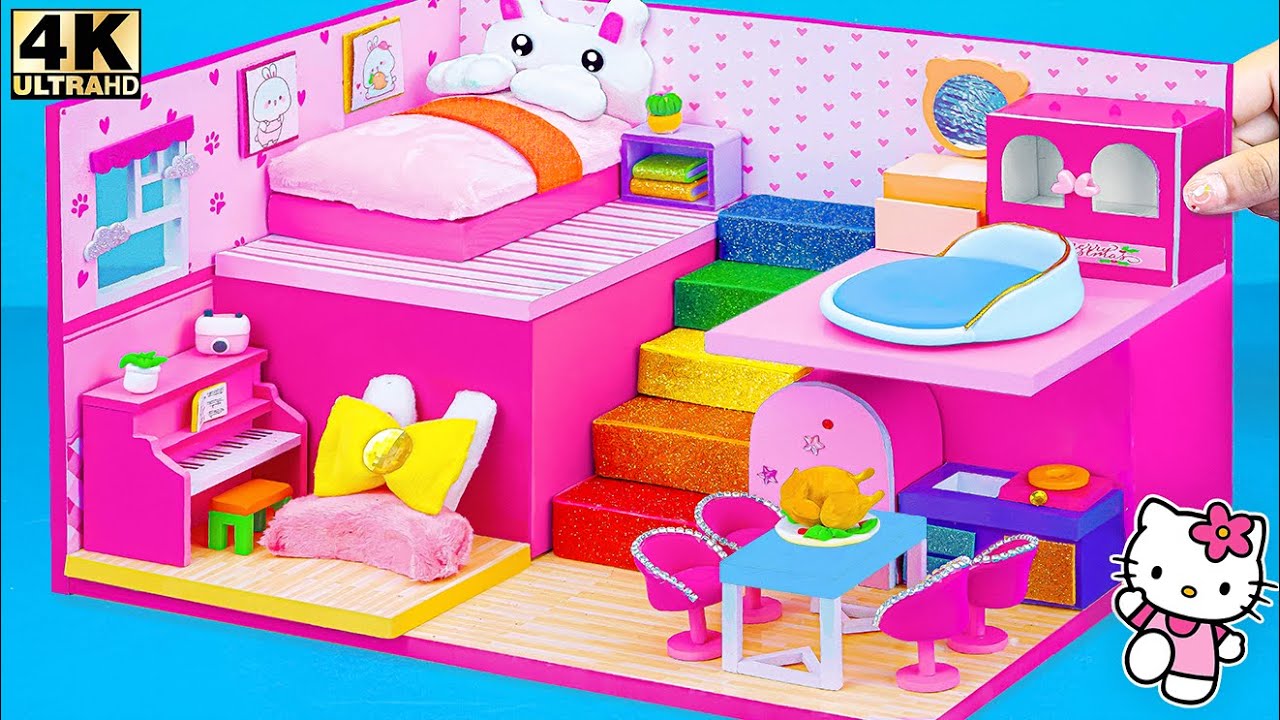 How To Make Pink Bunny House with Bunk Bed, Rainbow Stairs from Polymer ...