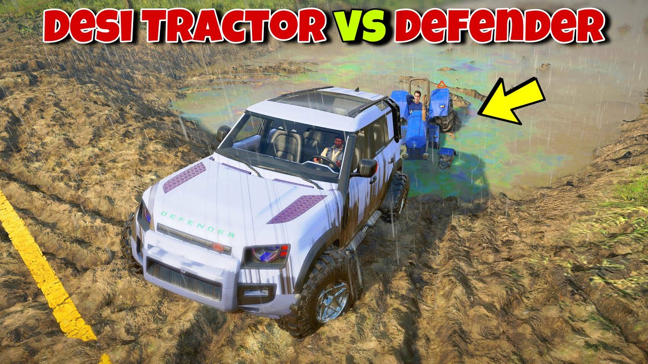 Desi Tractor Vs Defender | Tractor Stuck In Mud 😰 - YouTube