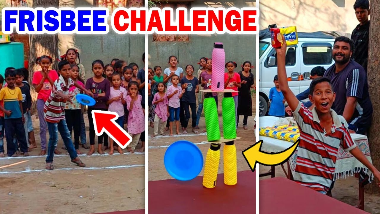 Frisbee challenge with kids | Drop the bottles and take the prize - YouTube