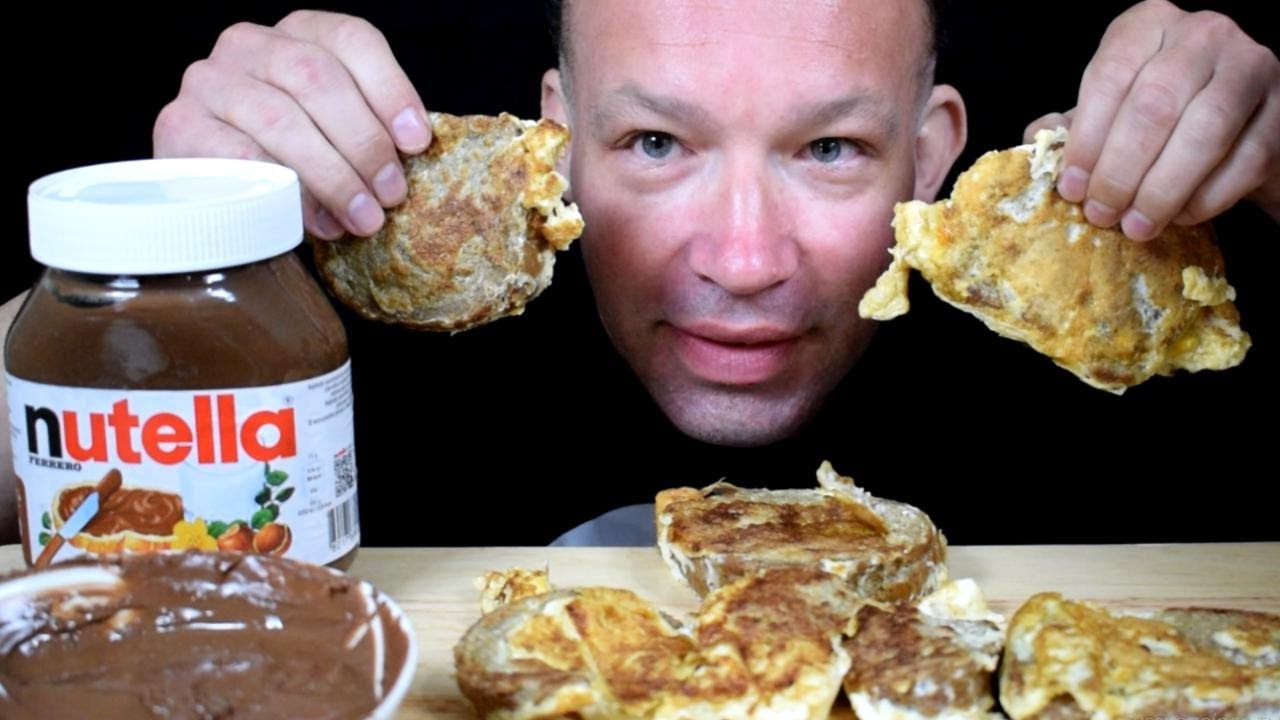 NUTELLA BINGE MUKBANG ASMR EATING GIANT BREAKFAST BRUNCH EGG PANCKAKES ...