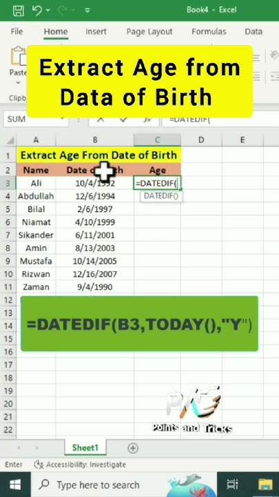 Extract Age from the Date Of Birth | Points and Tricks | Excel learning #exceltips - YouTube