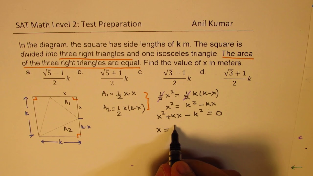 Three Right Triangles with Equal Area in a Square Formula SAT Math 2 ...