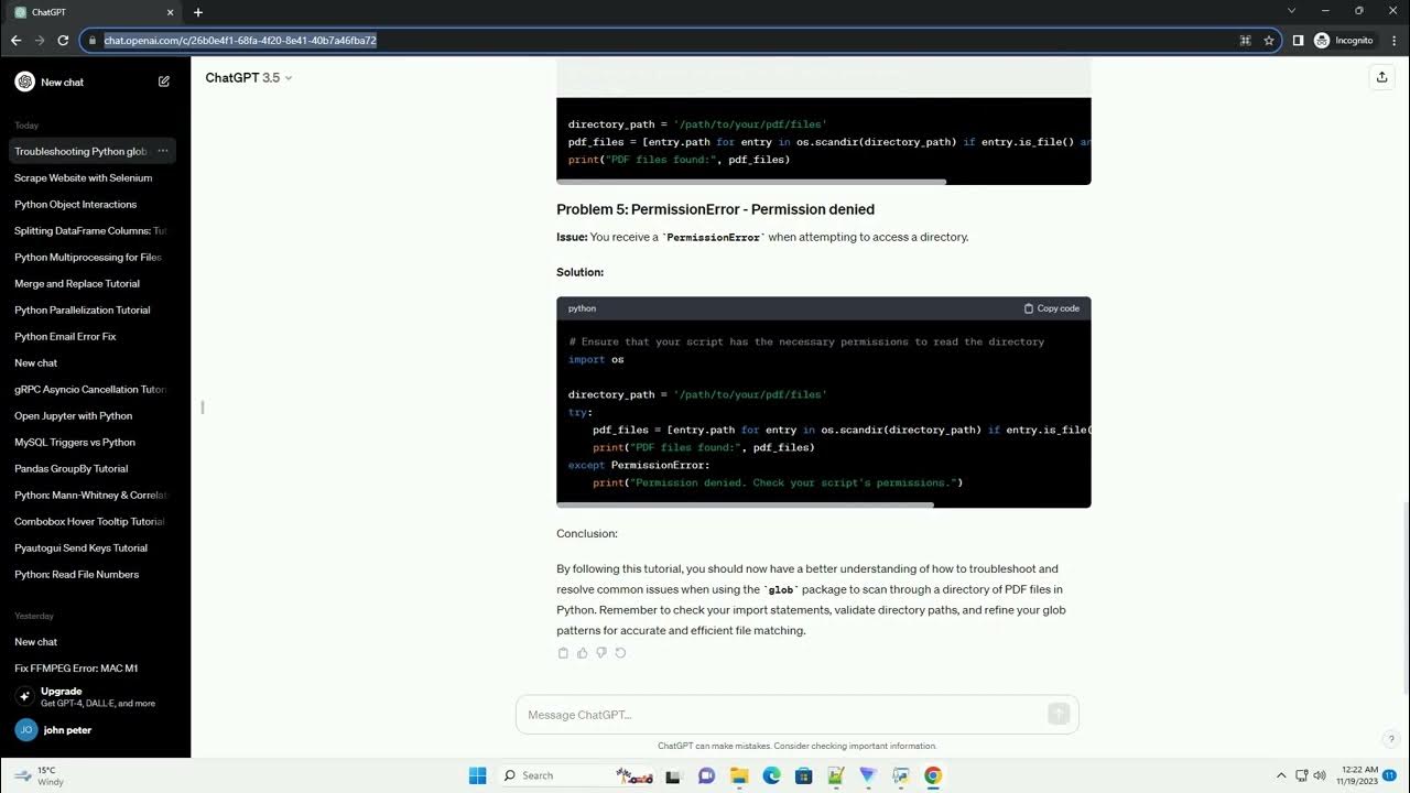Problem running a python script that imports glob package to scan ...