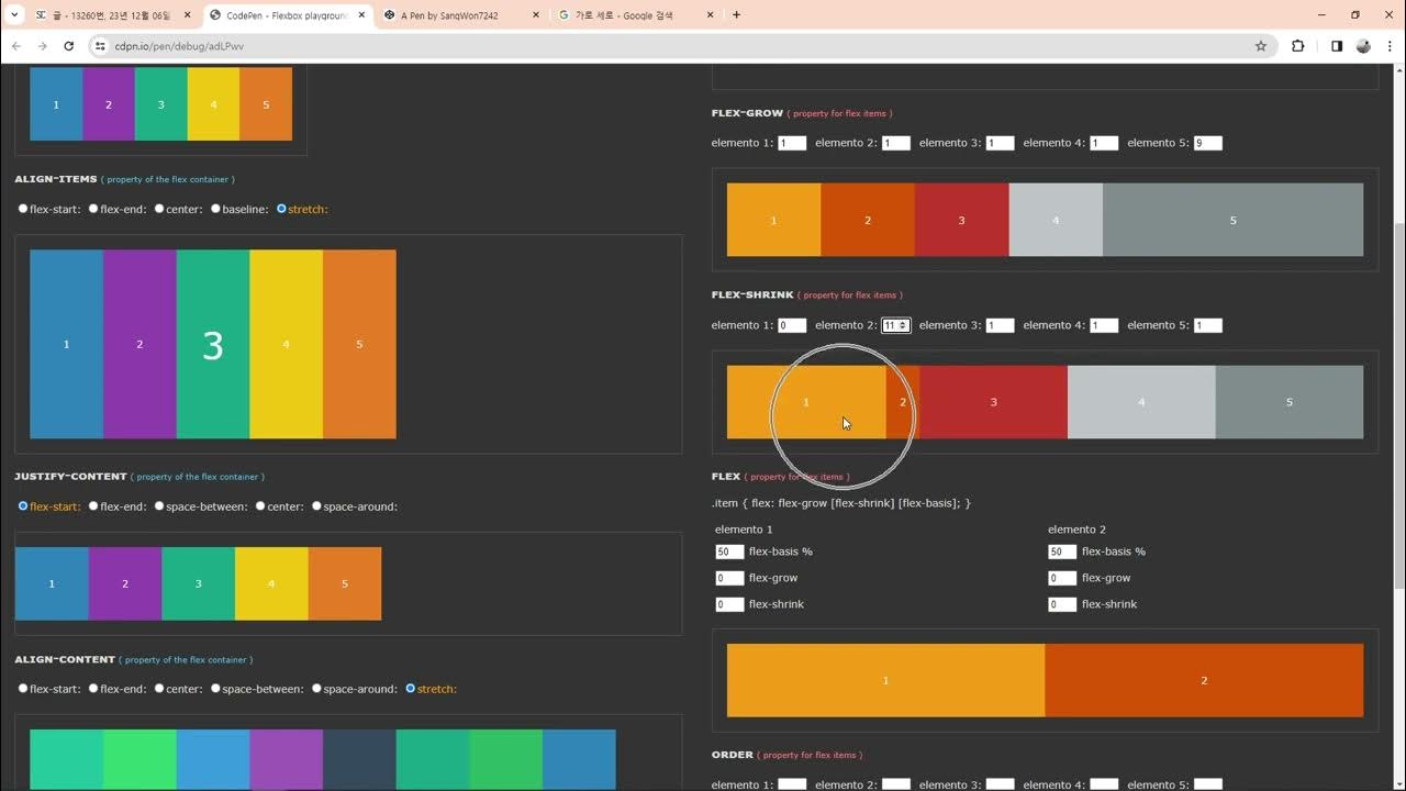 24 01 03, HTML, CSS 강좌, 119강, 개념 : flex playground 설명 2부, flex items한테 ...