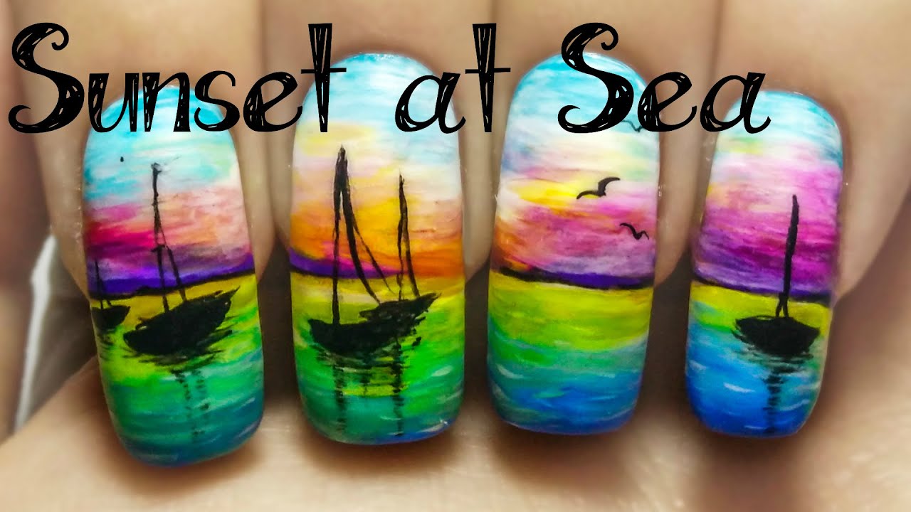 Sunset at Sea ⎮ Freehand Nail Art Tutorial - YouTube