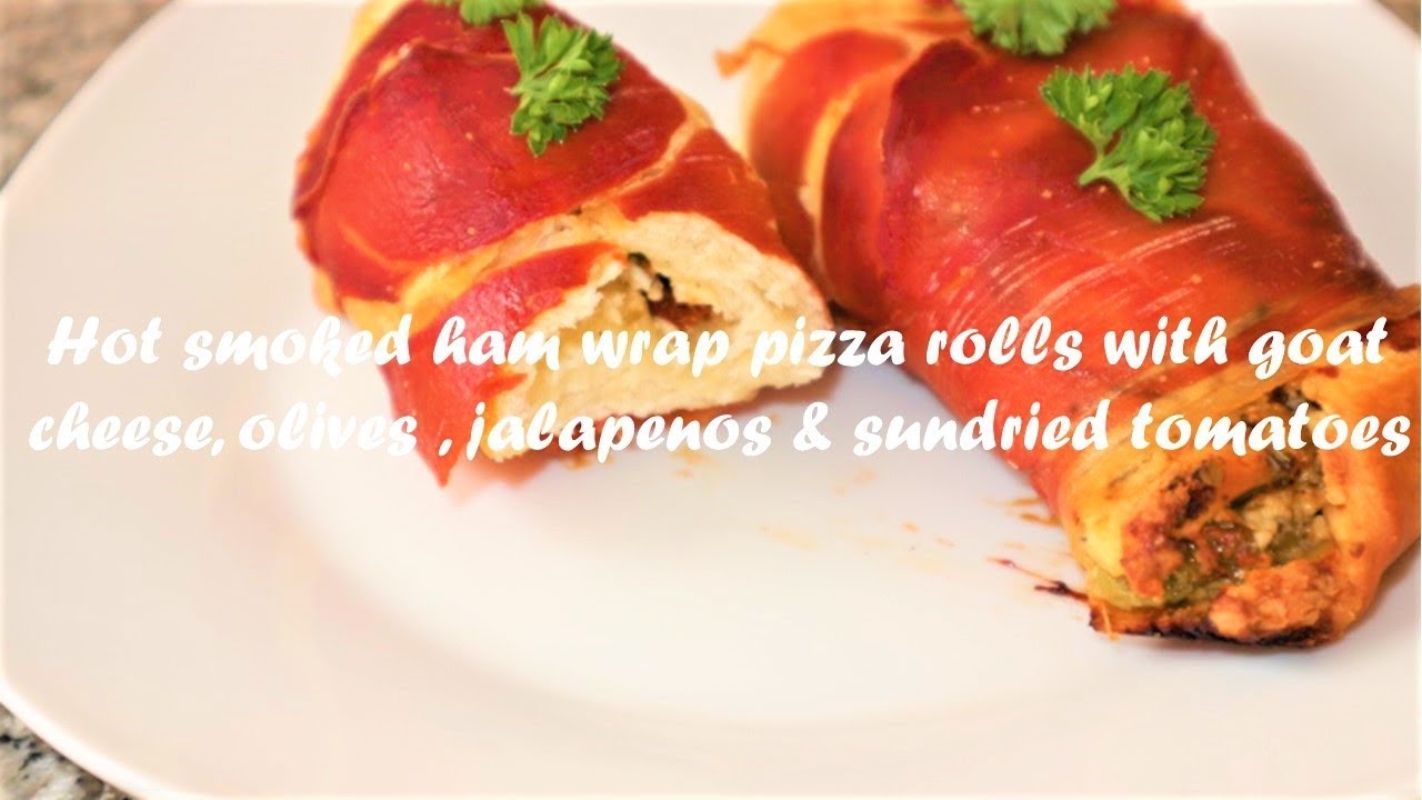 Hot smoked ham wrap pizza rolls with goat cheese, olives , jalapenos ...
