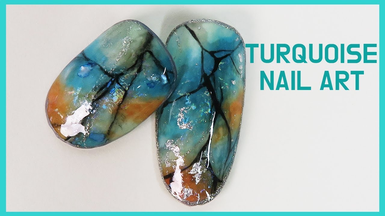 turquoise marble summer nail art tutorial 터키석 대리석 마블 네일아트 - YouTube