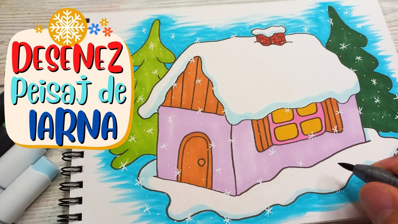 Deseneaza si Coloreaza un PEISAJ de IARNA cu CABANA cu ZAPADA si Brazi ...