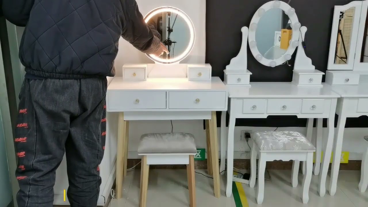 Nordic Round LED Mirror Dressing Table With Stool - YouTube