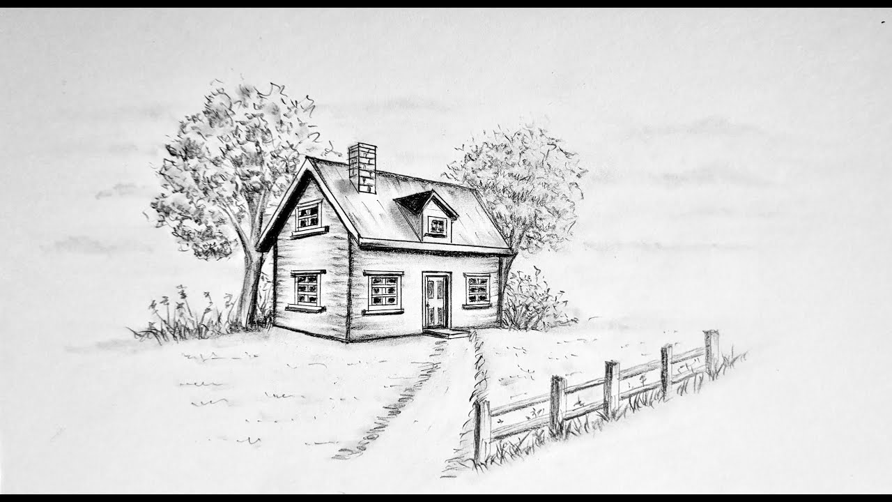 How to draw a house using two point perspective in landscape - YouTube
