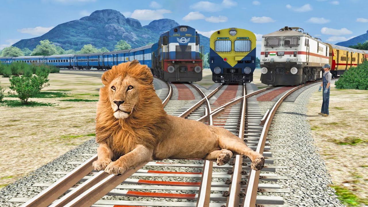 Giant Lion at Track vs Three Trains -:- Stops the Train - Train ...
