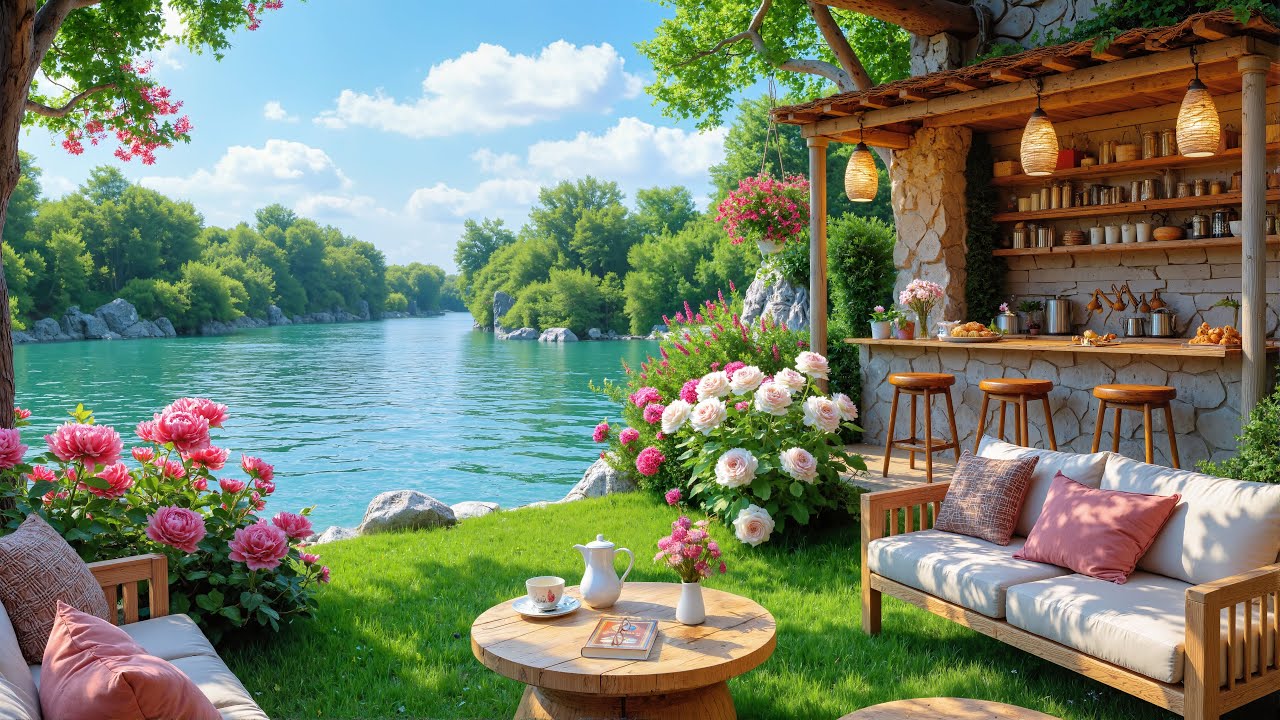 ☕Riverside Spring Café & Relaxing Jazz | Spring Ambience & Piano Music ...
