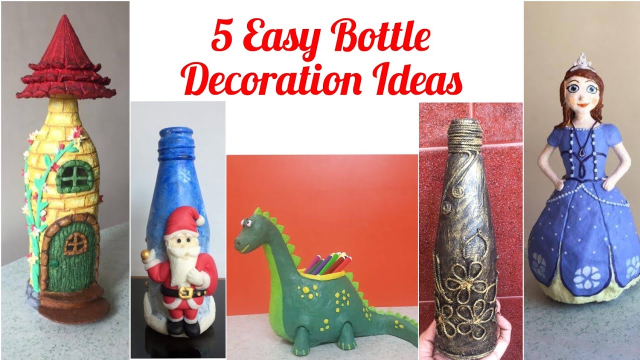 5 Easy Bottle Decor Ideas/5 DIY Bottle Art/Glass Bottle Art/Glass ...