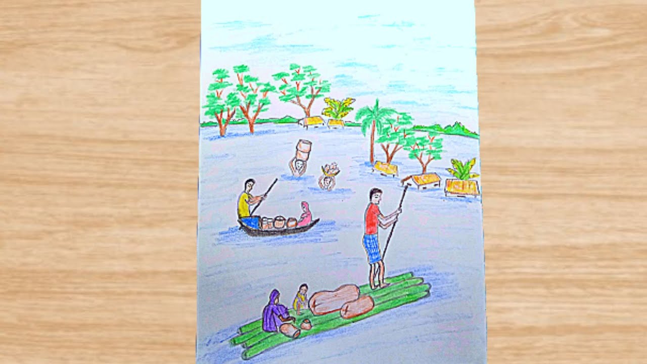 How To Draw Scenery Of Flood Step By Step Very Easy / How To Draw a ...