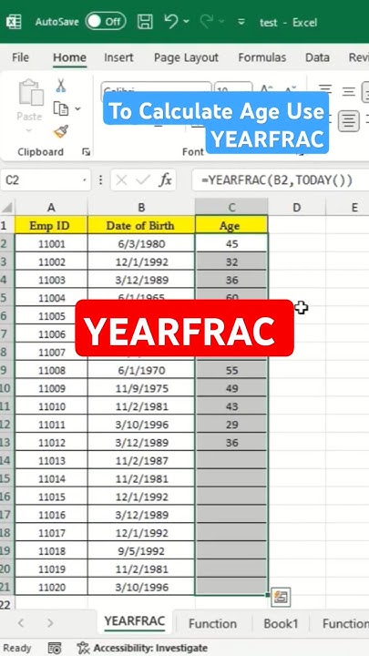 Use YEARFRAC Function to Calculate Age | #microsoftoffice #excel# # ...