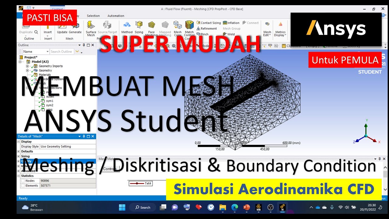 Membuat Mesh/Meshing/Diskritisasi & BC | Tutorial Ansys Student-9 | Preprocess CFD Aerodinamika ...