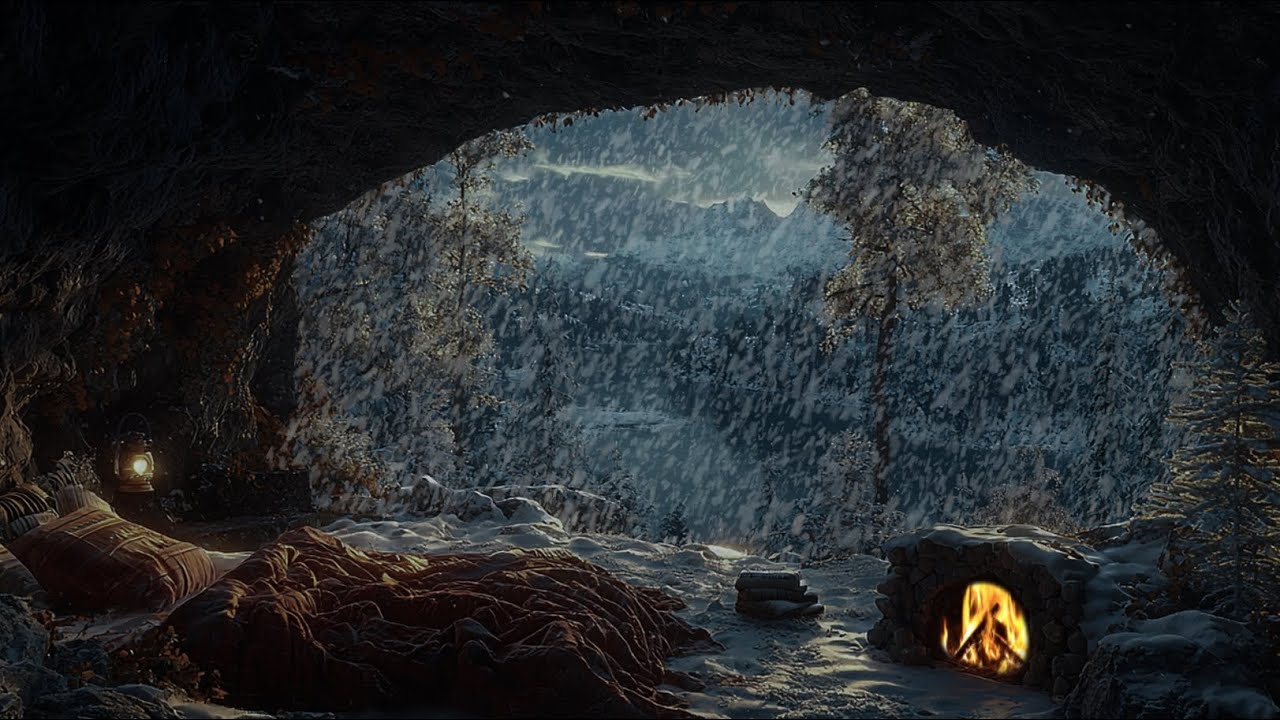 Warm Cave Retreat in a Snowstorm | ASMR Fireplace Sounds for Deep Rest ...