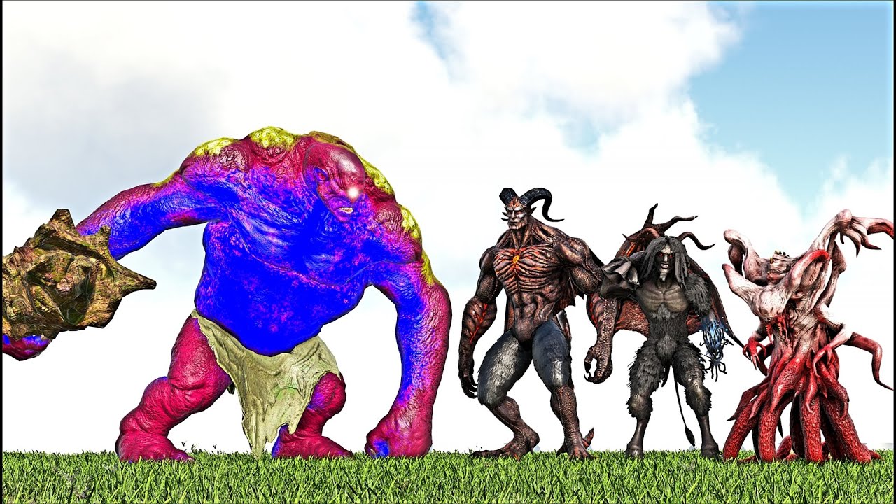 GIANT CYCLOPS VS HECATE DEVIL, BLOODMOON & KRAMPUS CREATURES (ARK ...