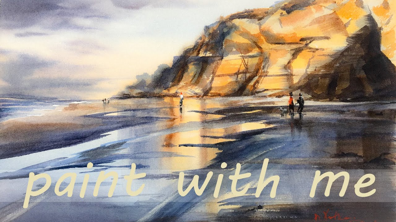 Watercolor Seascape Painting Water Reflection Rock and Wet Sand, Paint ...