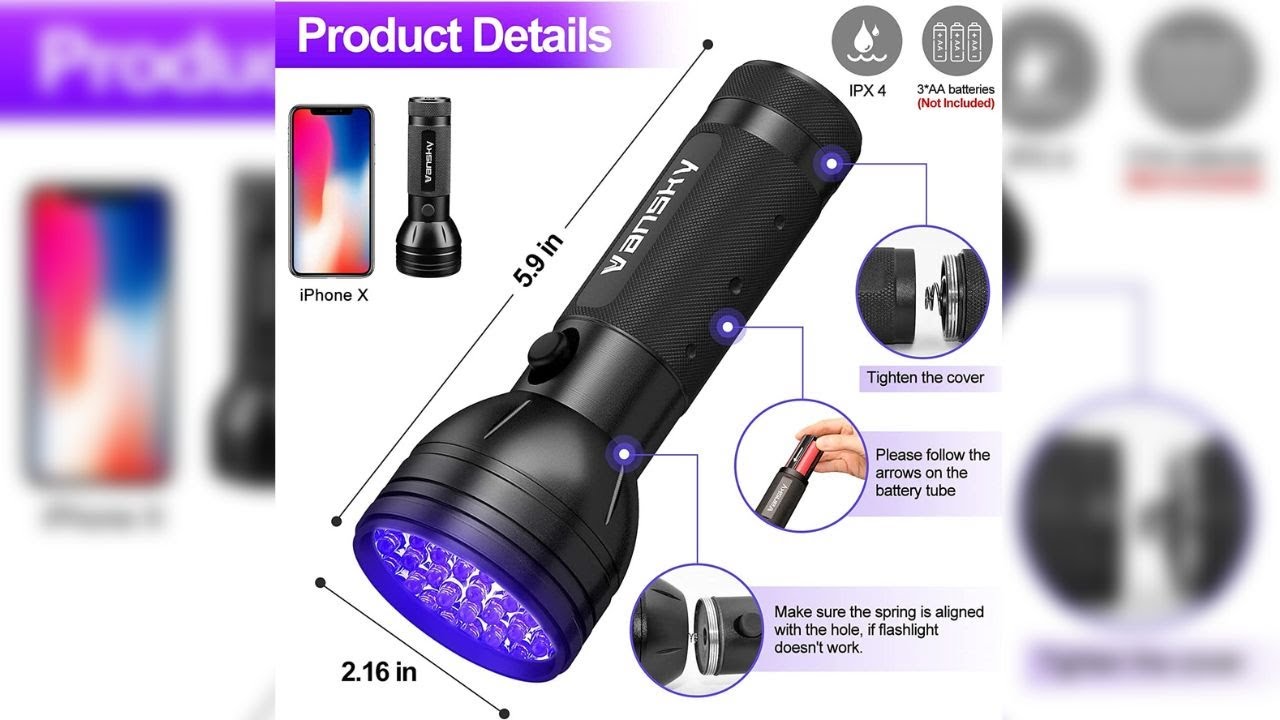 UV Flashlight Black Light, Vansky 51 LED Blacklight Pet Urine Detector - YouTube