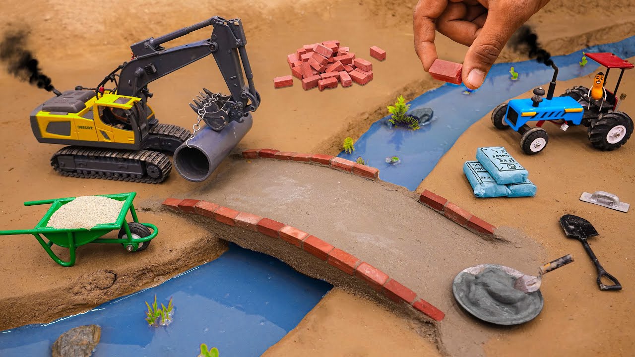 diy mini excavator & tractor making bricks and home pipe bridge ...