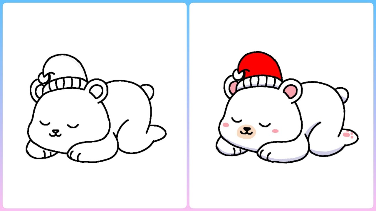 How to draw a Christmas Polar bear taking a nap | Easy drawing for kids ...