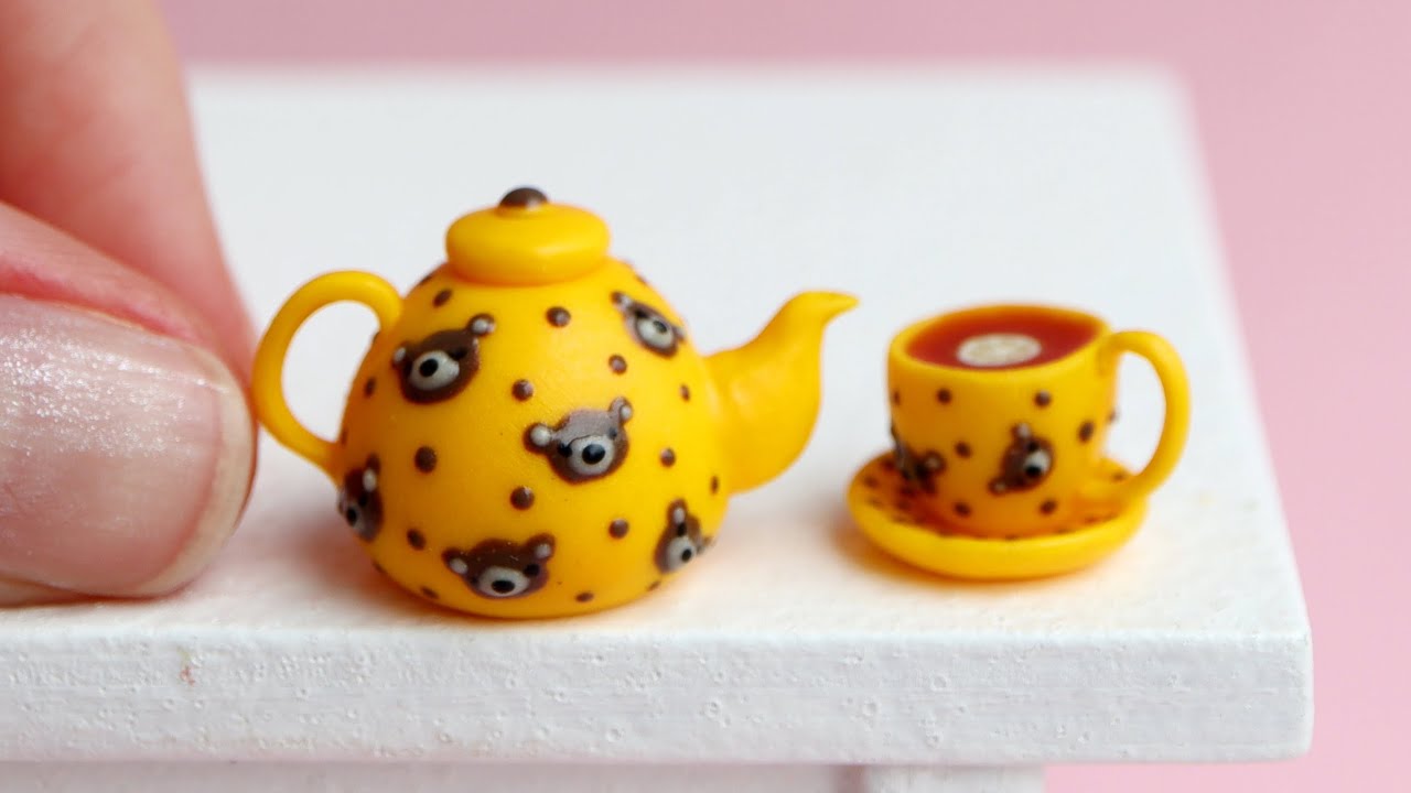 Miniature teapot and cups with bear pattern🐻Polymer clay - YouTube