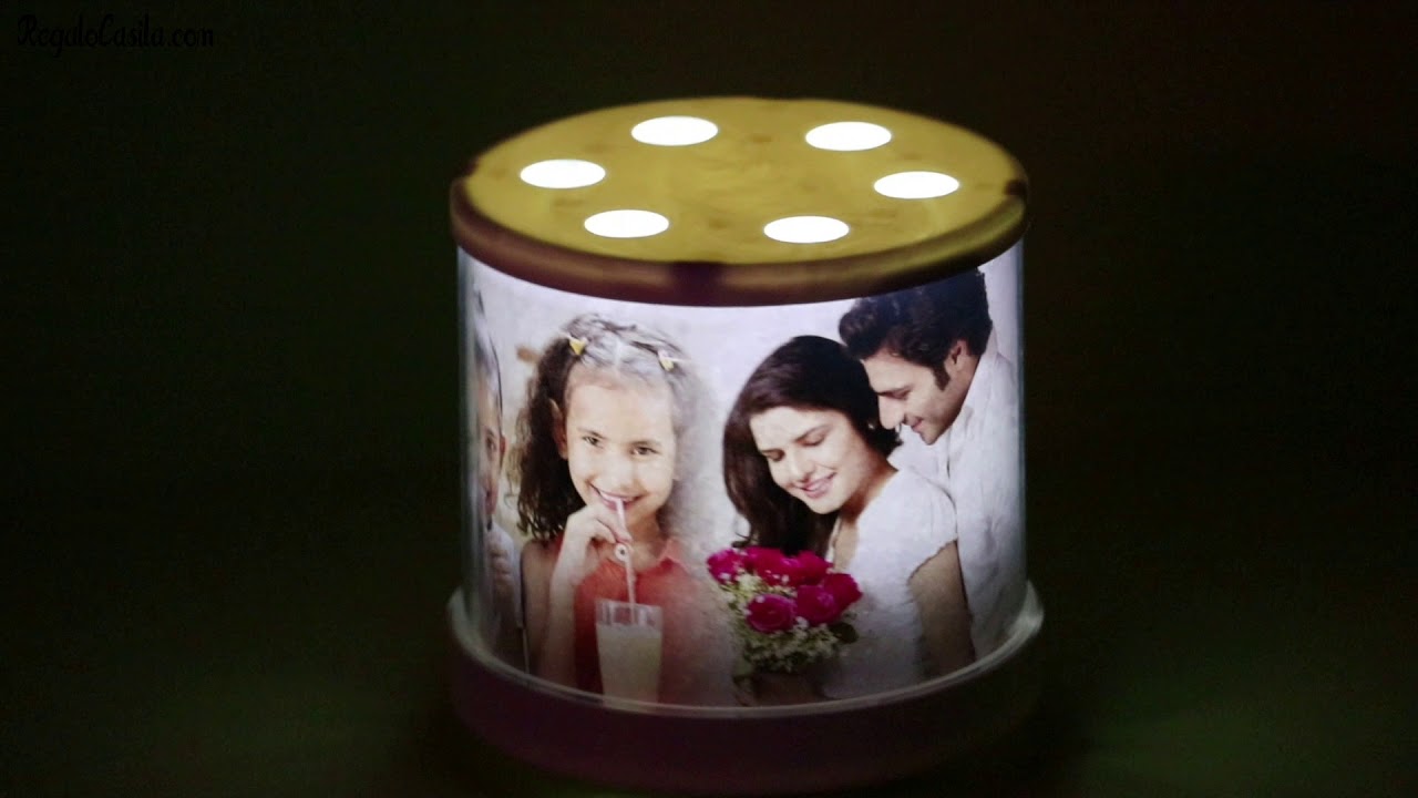 Rotating cylindrical photo frame with LED inside - YouTube