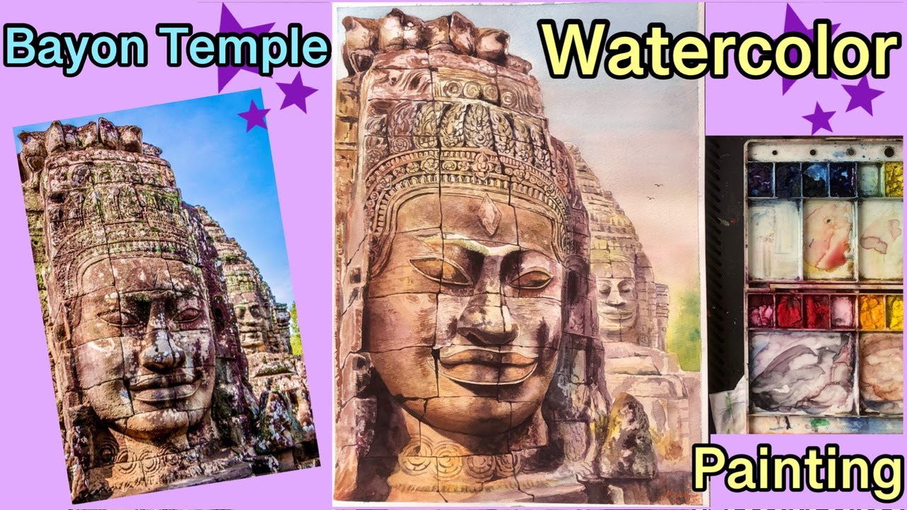 How to paint face Bayon Temple by watercolour. - YouTube
