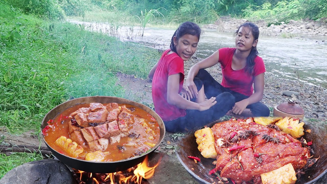 Survival cooking in forest- Beef curry spicy delicious with Pineapple ...