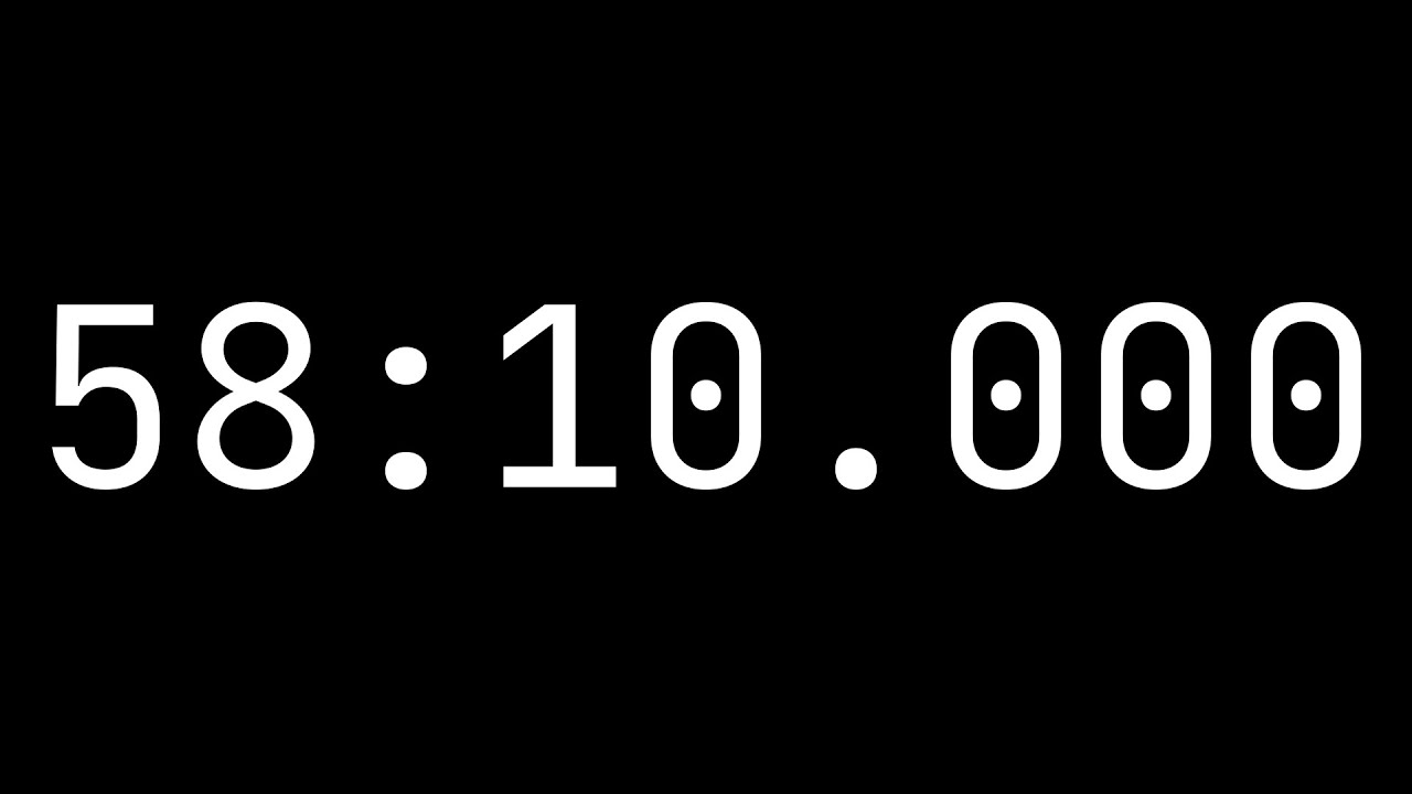 Countdown timer 58 minutes, 10 seconds [58:10.000] - White on black ...