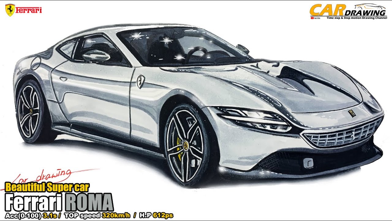 [Car Drawing] How to draw a car #76th Ferrari ROMA (페라리 로마) 슈퍼카 그리기 ...