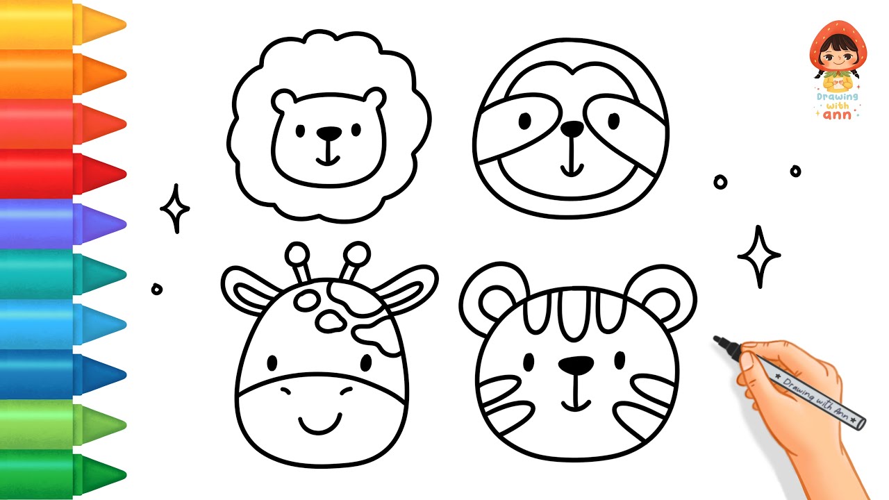 How to Draw Cute Animal Face, Easy to Follow Drawing Lion, Sloth ...