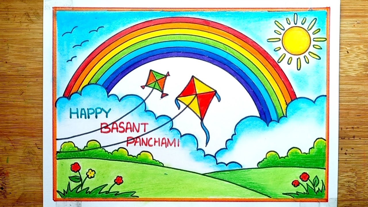 Basant Panchami Drawing/Kite Flying Scenery Drawing/How To Draw Basant ...