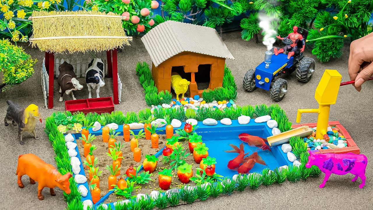 DIY mini Farm Diorama with Aquarium & grow carrots | mini cow house ...