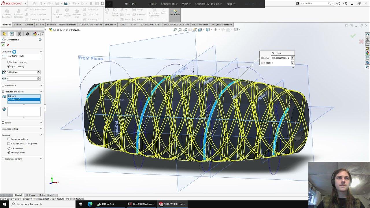 Using intersection curve in SolidWorks to sweep helical/corkscrew grooves on mecanum roller ...