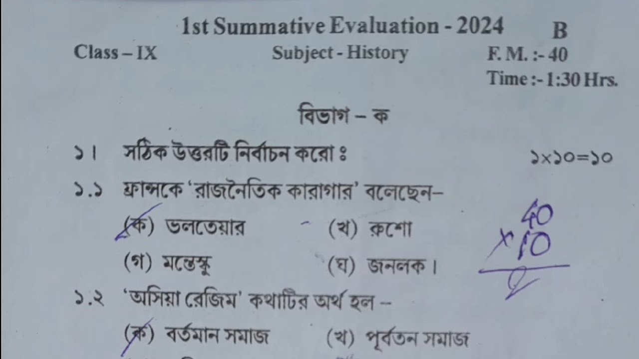 Class 9 1st Unit Test Question Paper 2024 || Class 9 History 1st Unit ...
