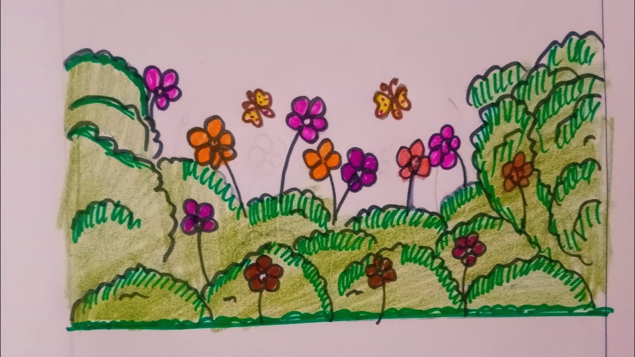 Flower garden drawing/.easy step to step drawing flower garden.. /how ...