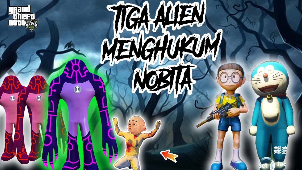 3 Alien menghukum Upin dan Nobita, Pesawat Aliennya Terbakar hingga ...