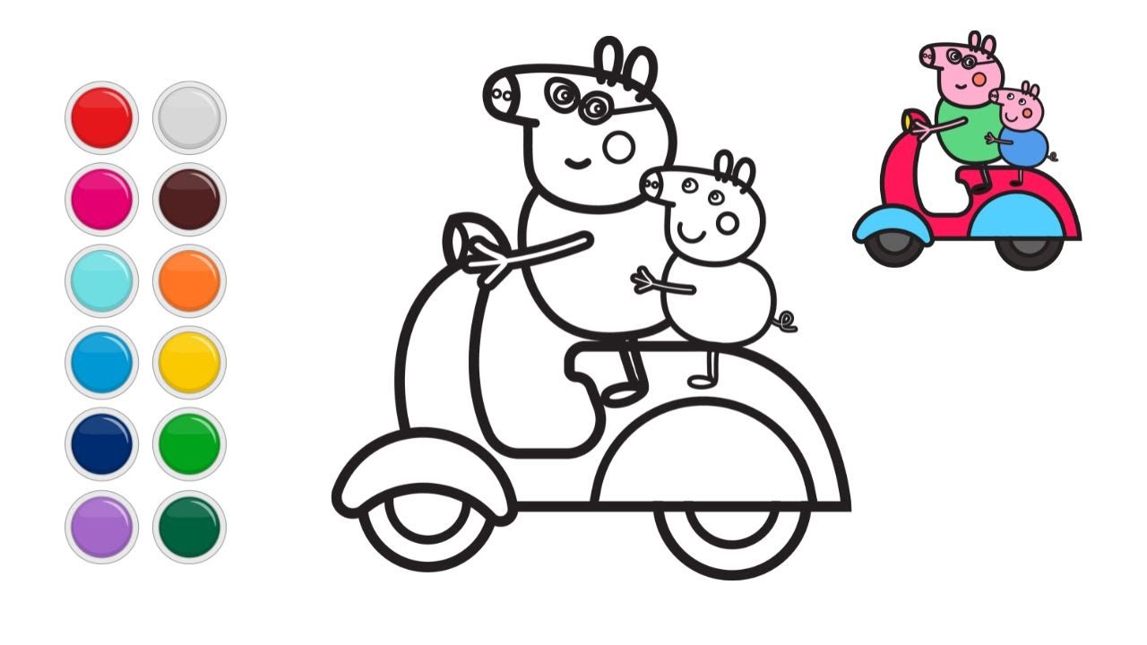 Menggambar dan mewarnai peppa pig mengendarai scooter | menggambar ...