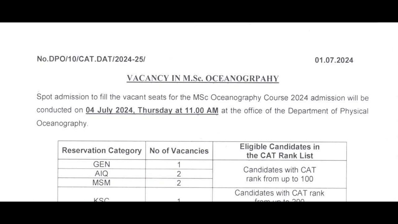 CUSAT SPOT ALLOTMENT 2024 PG MSC OCEANOGRAPHY - YouTube