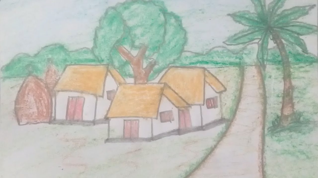Realistic village scenery drawing with oil pastels - YouTube