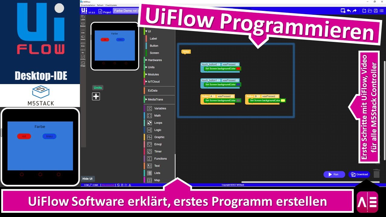 UiFlow Programmieren, Software Einführung, erstes Programm mit Blockly ...