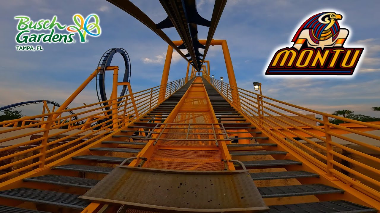 (4K) Montu - Inverted Coaster | Front Seat POV | Sunset | Busch Gardens ...