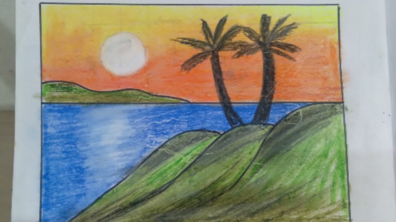 How to Draw Beautifu sunset | easy Sunset Scenery Drawing Oil pastel ...