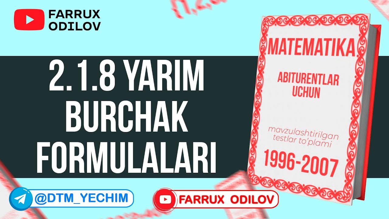 2.1.8 Yarim burchak formulalari | 9-dars - YouTube